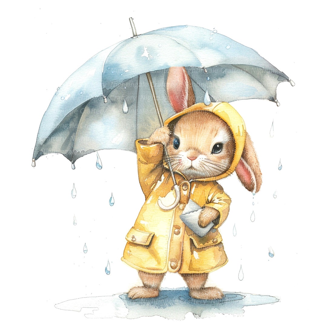 10 Bunny Rainy Clipart, Bunny With Umbrella, Printable Watercolor ...