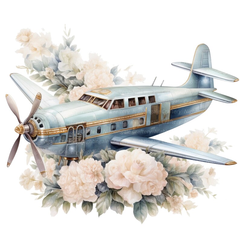10 Floral Plane Clipart, Vintage Plane, Printable Watercolor Clipart ...