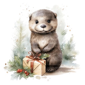 10 Christmas Otter Clipart, Cute Otter Clipart, Printable Watercolor ...