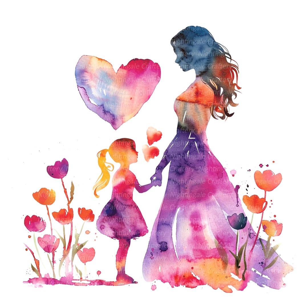 10 Mother and Daughter Clipart, Mother's Day Card, Printable Watercolor ...