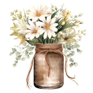 12 Flowers in Rustic Vase Clipart, Daisies, Printable Watercolor ...