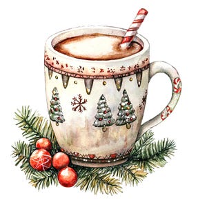 15 Christmas Mug Clipart, Christmas Card, Printable Watercolor Clipart ...