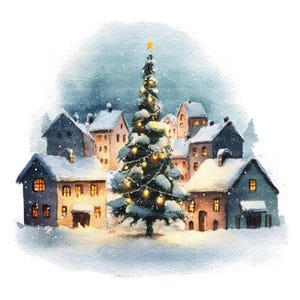 Christmas Village Watercolor Clipart: Holiday Card Art (digital ...