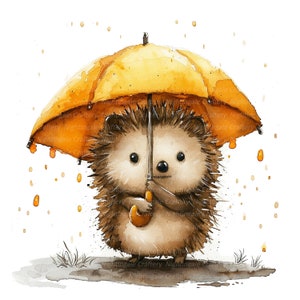 8 Hedgehog Rainy Clipart, Hedgehog and Umbrella, Printable Watercolor ...