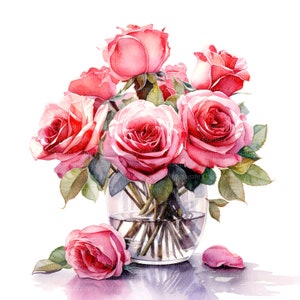 10 Roses in Vase Clipart, Pink Roses, Printable Watercolor Clipart ...