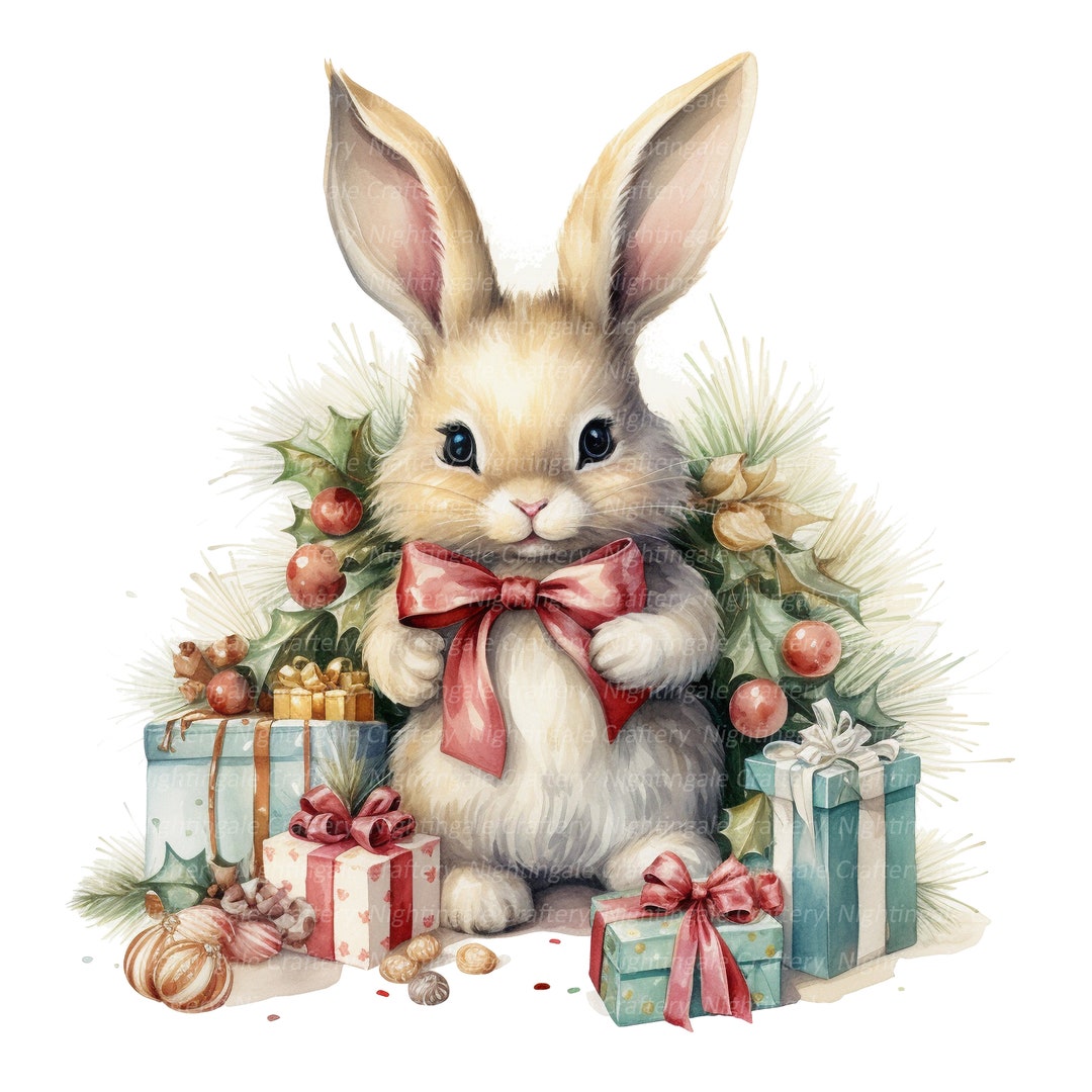 10 Christmas Bunny Set 2 Clipart, Vintage Bunny, Printable Watercolor ...