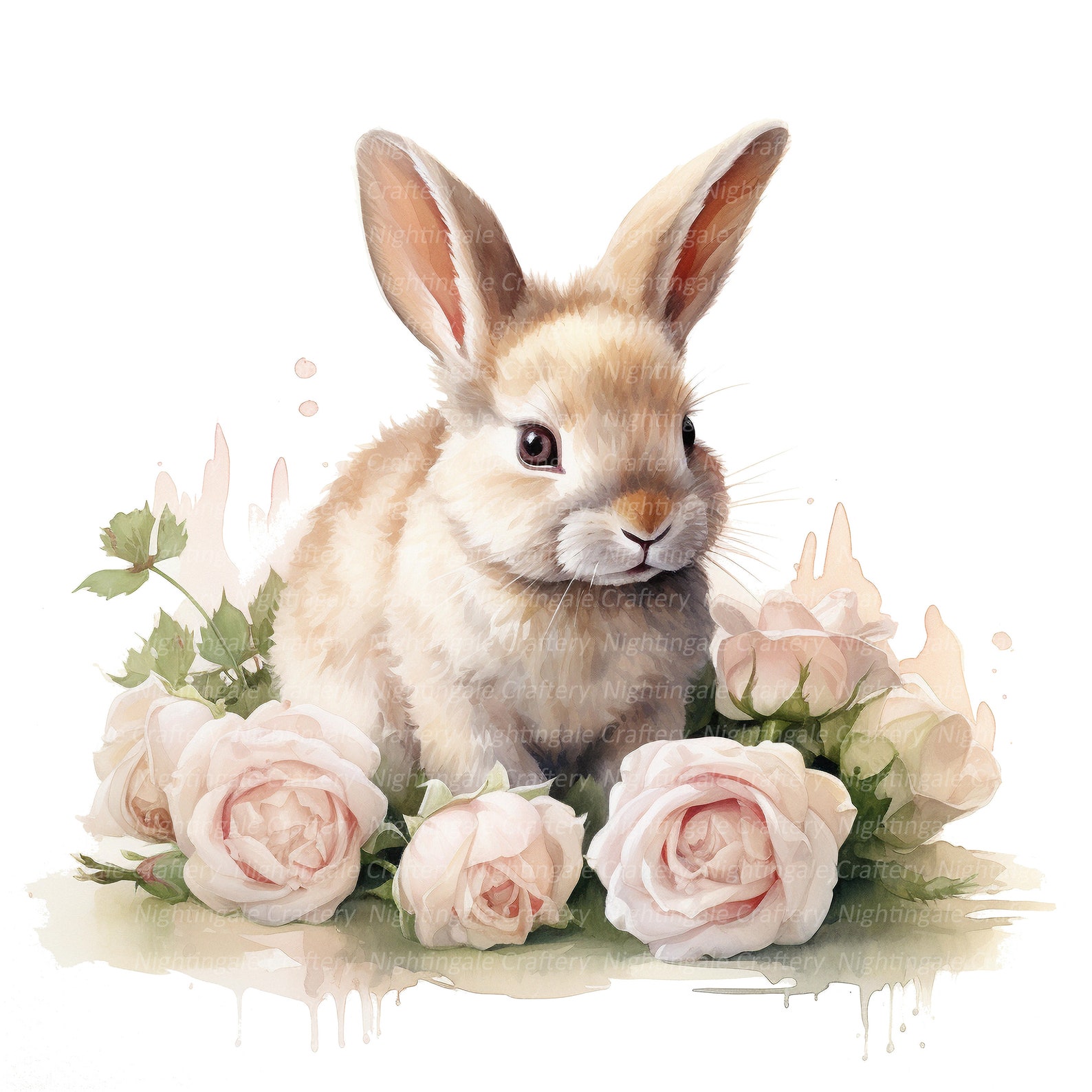 12 Fluffy Bunny in Roses Clipart, Floral Bunny, Printable Watercolor ...