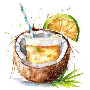10 Beach Cocktails Clipart, Coconut Cocktails, Printable Watercolor ...