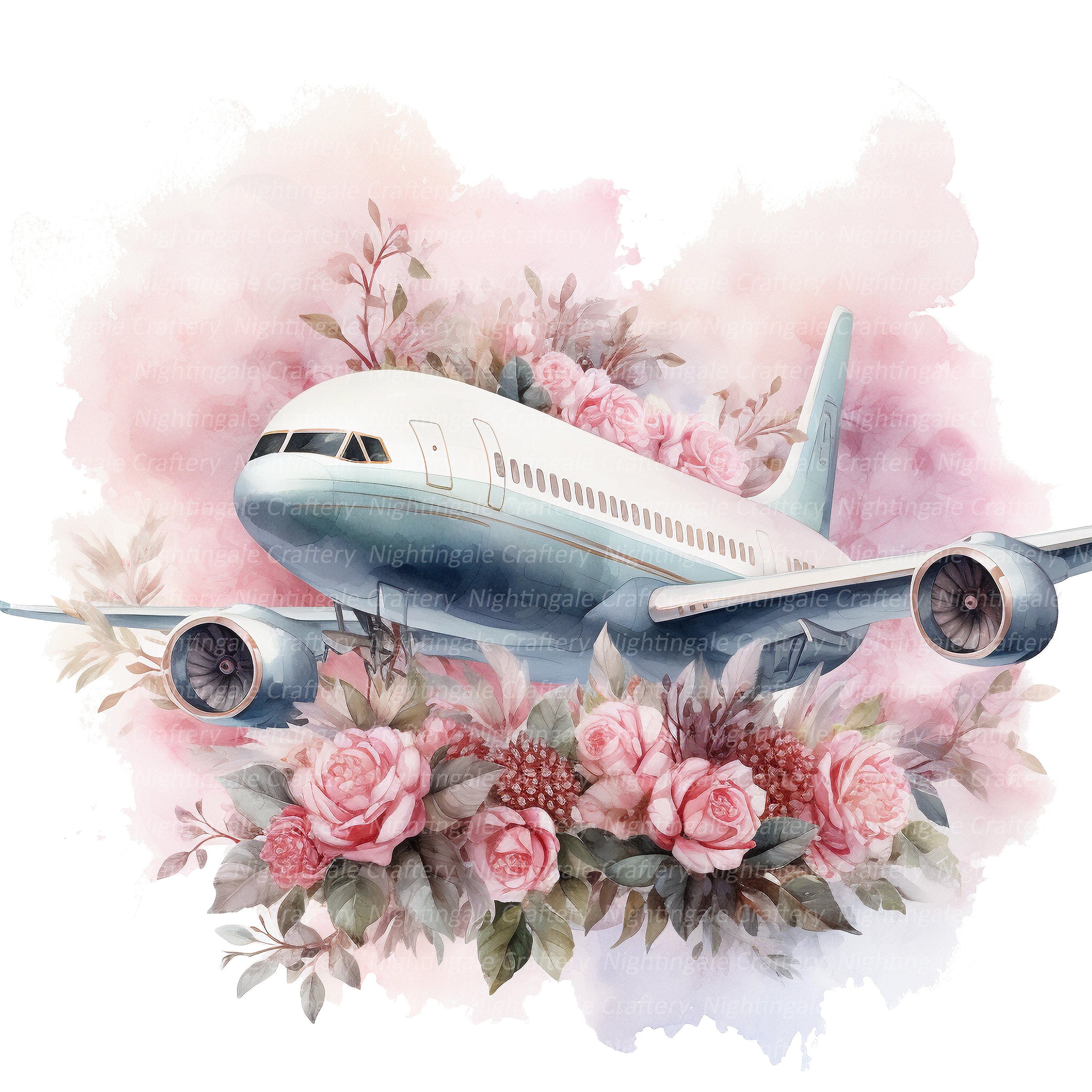 10 Floral Plane Clipart, Vintage Plane, Printable Watercolor Clipart ...