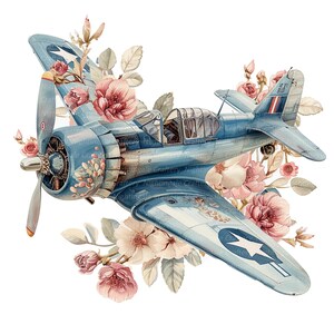 10 Floral Plane Clipart Set 2, Vintage Plane, Printable Watercolor ...