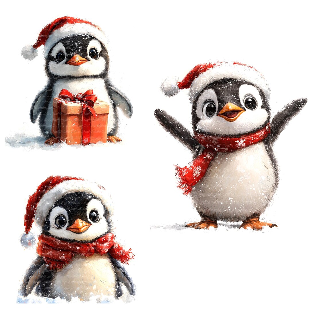 14 Christmas Penguin Clipart, Printable Watercolor Clipart, High ...
