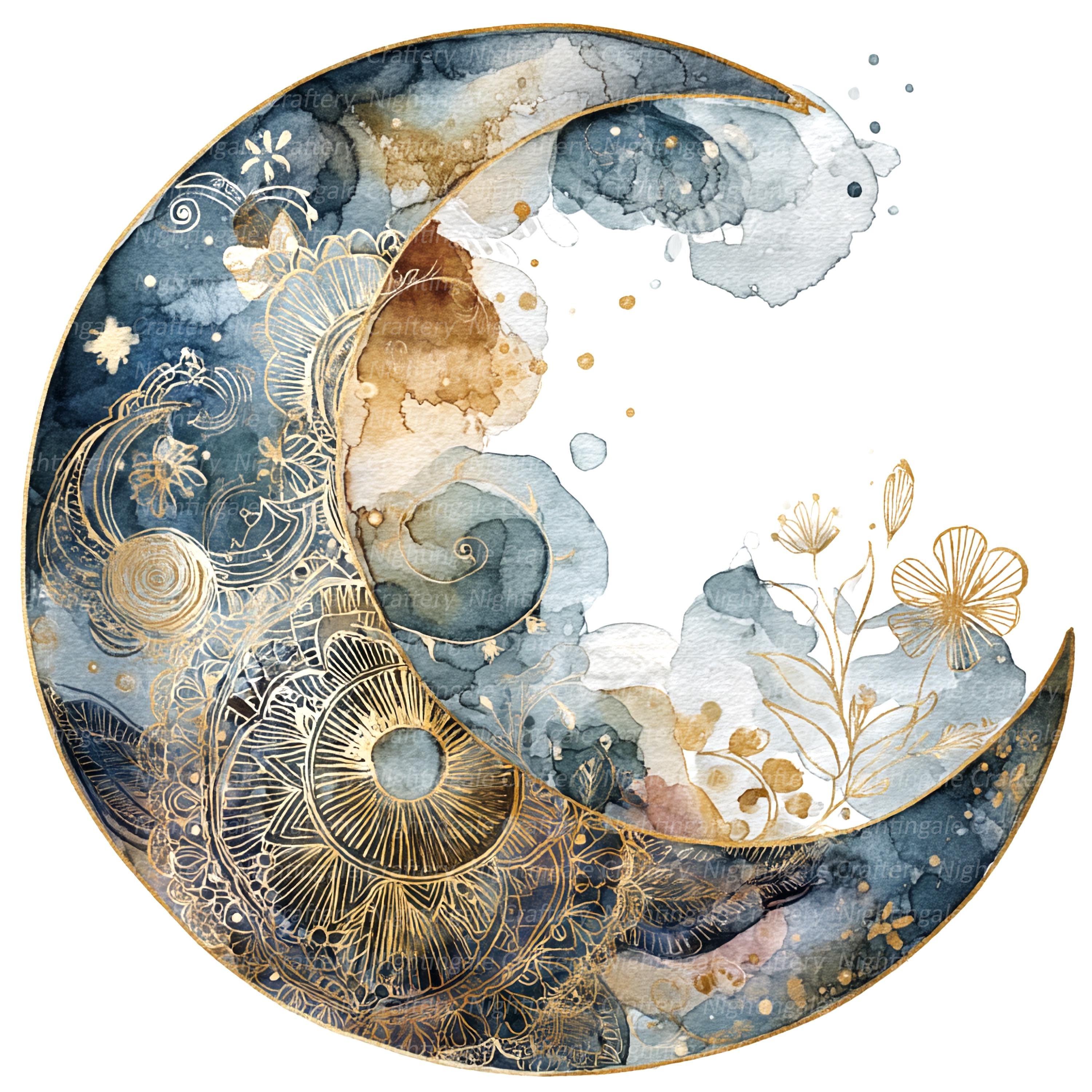 8 Moon Wall Art, Abstract Moon Design, Printable Watercolor Clipart ...