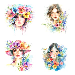 16 Woman Face Clipart, Spring Flowers Clipart, Printable Watercolor ...