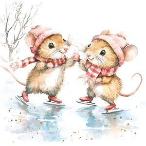 10 Cute Mice Skating Clipart, Ice Skating, Printable Watercolor Clipart ...
