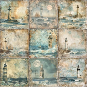 18 Lighthouse on Nautical Background, 12 X 12 Digital Paper Pack, Junk ...