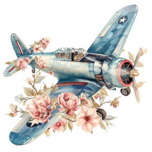 10 Floral Plane Clipart Set 2, Vintage Plane, Printable Watercolor ...