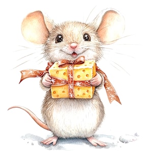 8 Mouse and Present Clipart, Birthday Card, Printable Watercolor ...