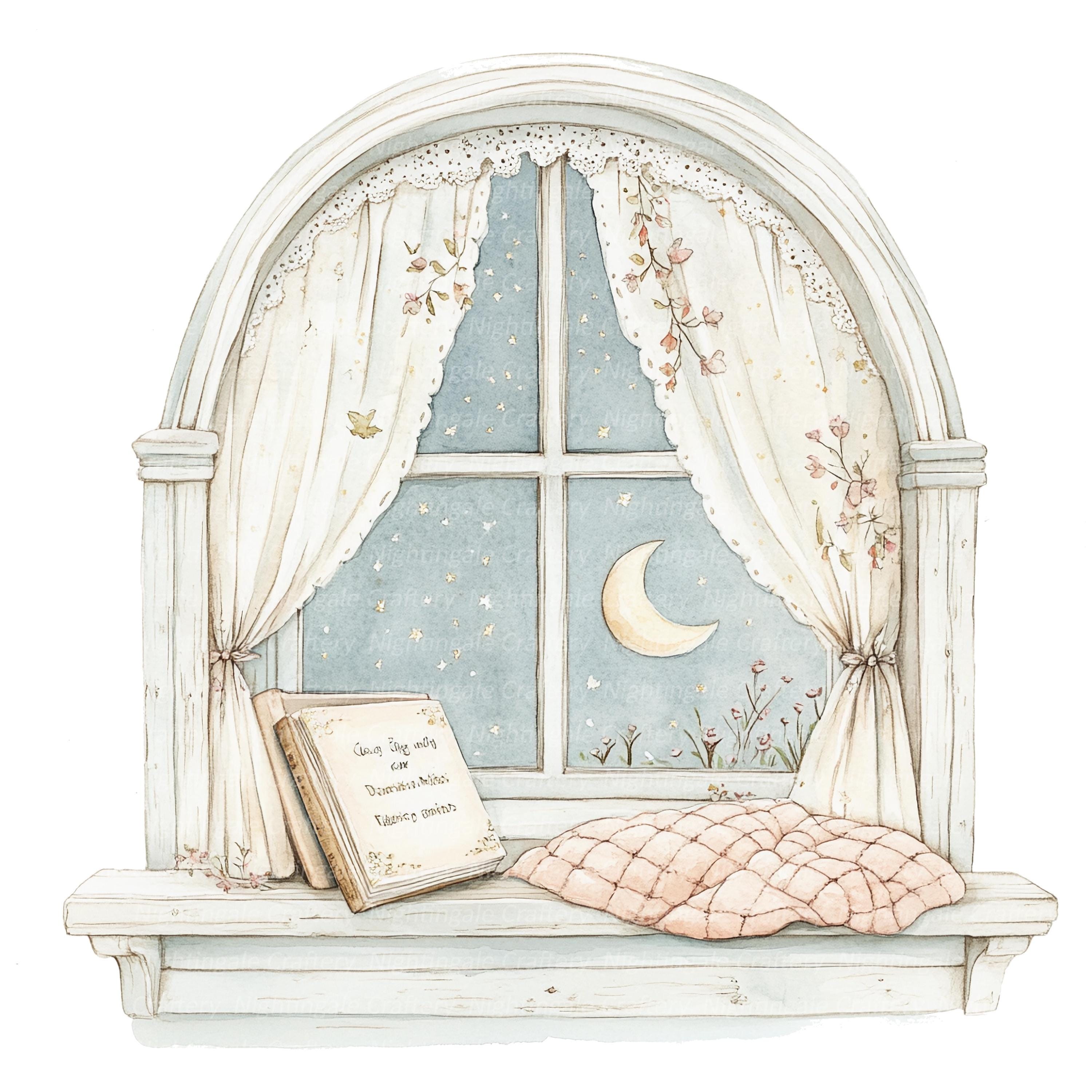 10 Nursery Window Clipart, Nursery Night Clipart, Printable Watercolor ...