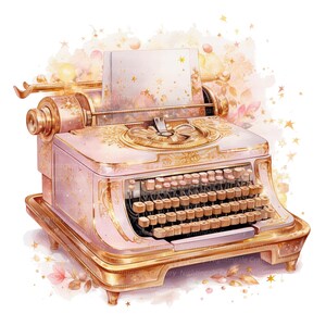 8 Pink Vintage Typewriter Clipart, Golden Pink, Printable Watercolor ...