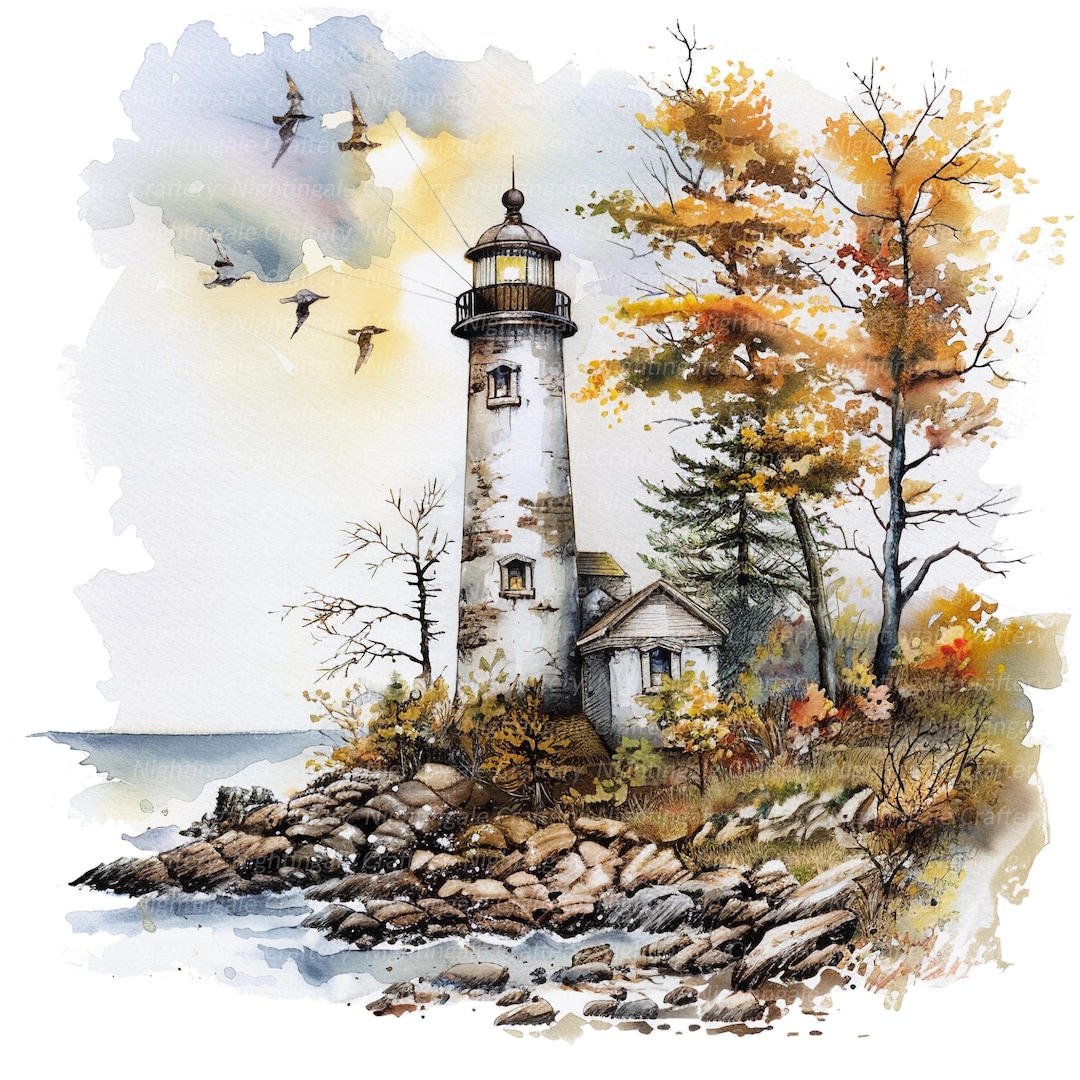 12 Lighthouse Autumn Clipart, Delicate Drawing, Printable Watercolor ...