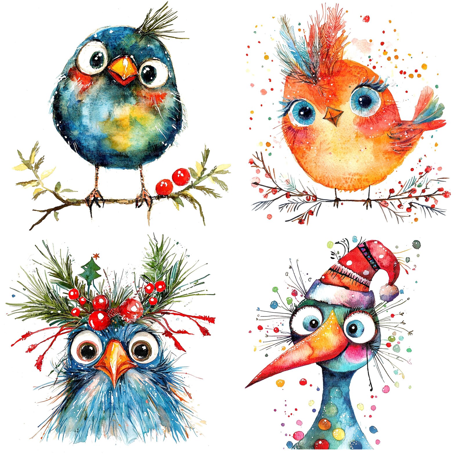 16 Whimsical Birds Clipart, Christmas Birds, Digital Clipart ...
