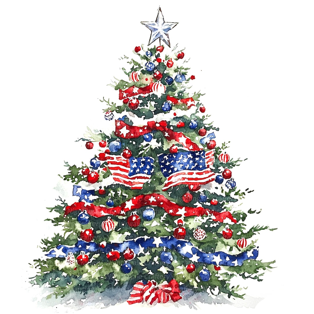 9 Patriotic Christmas Tree Clipart, USA Flag, Printable Watercolor ...