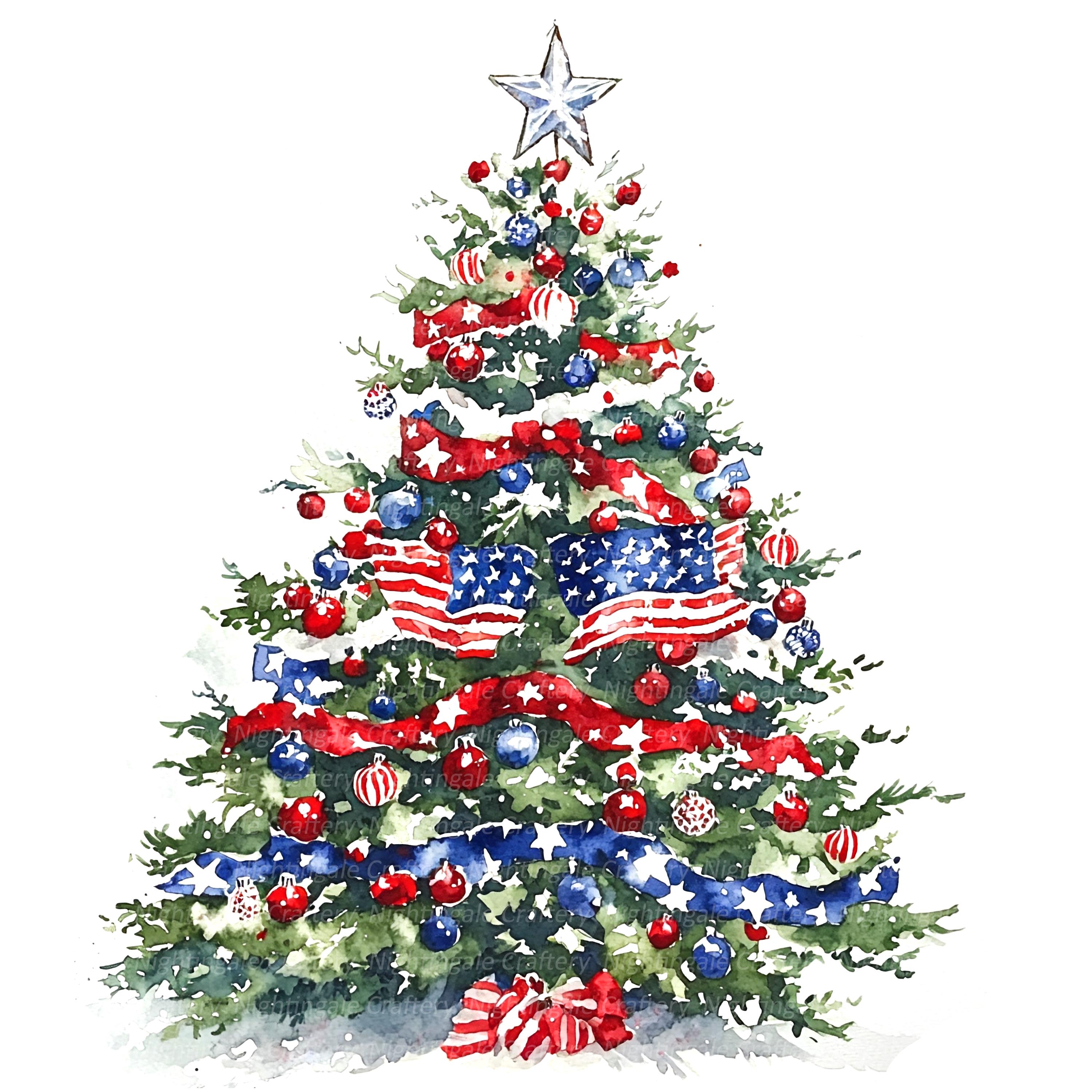 9 Patriotic Christmas Tree Clipart, USA Flag, Printable Watercolor ...