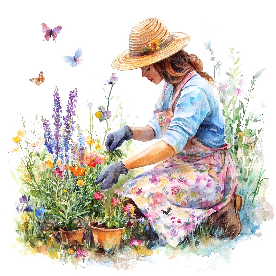 11 Woman Planting Flowers Clipart, Floral Girl, Printable Watercolor ...