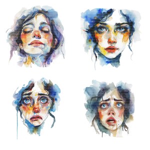 16 Woman Face Clipart, Woman Emotions Clipart, Printable Watercolor ...