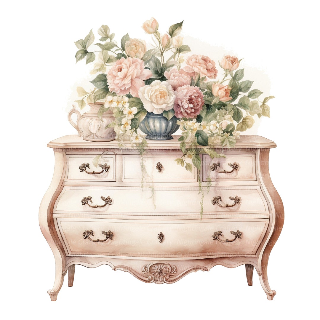 10 Vintage Floral Commode Clipart, Shabby Chic, Printable Watercolor ...