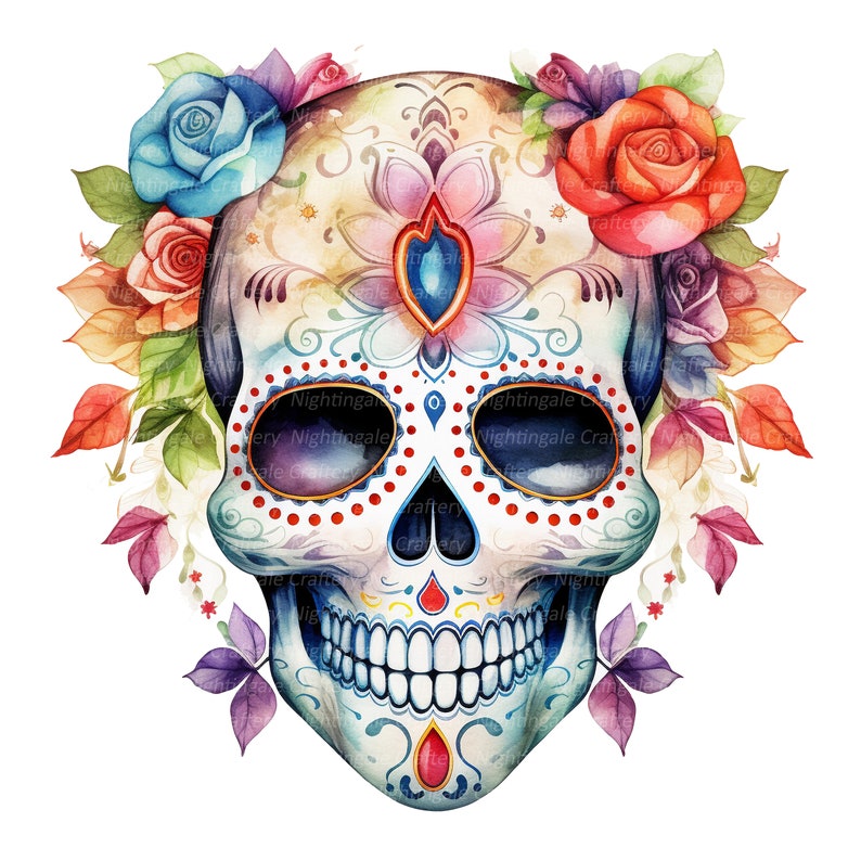 12 Sugar Skull Clipart, Floral Skull, Mexican, Printable Watercolor ...