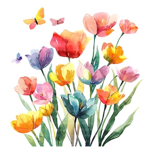 10 Spring Flowers Clipart, Tulips Clipart, Printable Watercolor Clipart ...