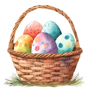 14 Easter Eggs Basket Clipart, Easter Basket, Printable Watercolor ...