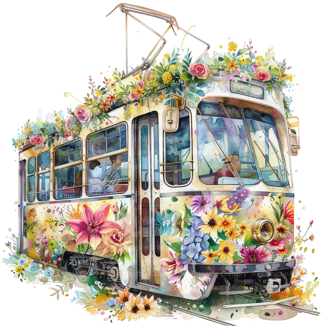 10 Floral Tram Clipart, Vintage Tram Clipart, Printable Watercolor ...