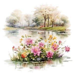 16 Floral Garden With Pond Clipart, Printable Watercolor Clipart, High ...