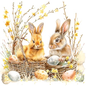 10 Easter Bunny Basket Clipart, Easter Clipart, Printable Watercolor ...