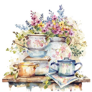 12 Floral Pots and Pans, Kitchen Clipart, Printable Watercolor Clipart ...