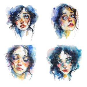 16 Woman Face Clipart, Woman Emotions Clipart, Printable Watercolor ...