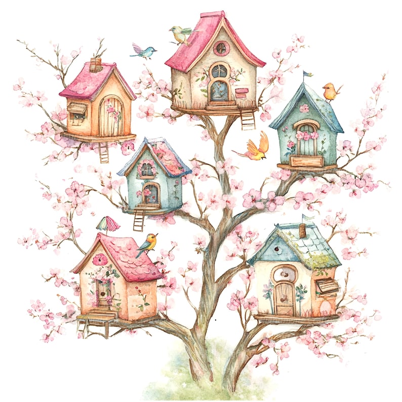 11 Spring Birdhouses Clipart, Birds Clipart, Printable Watercolor ...
