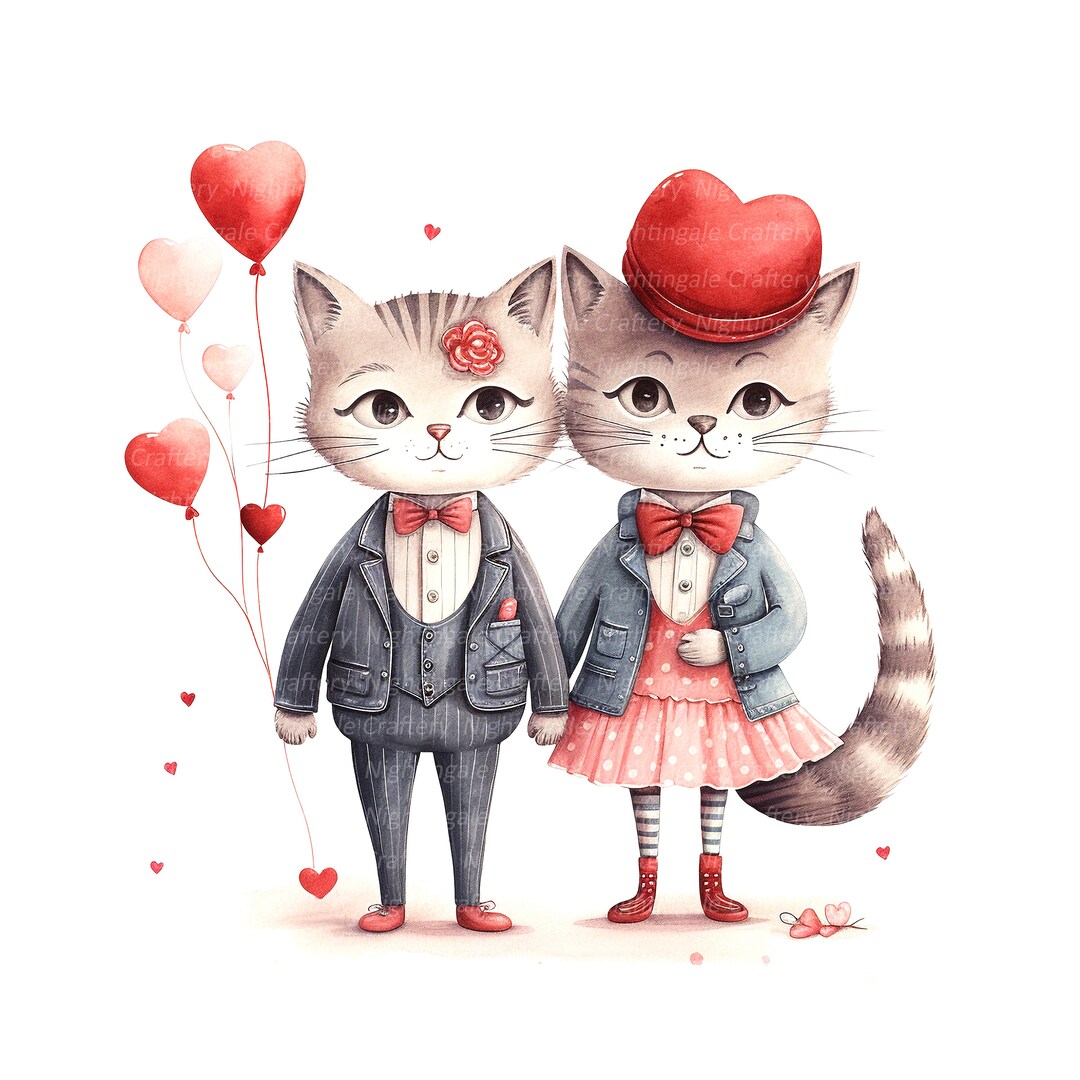 8 Cat Couple Clipart, Romantic Cats Clipart, Printable Watercolor ...