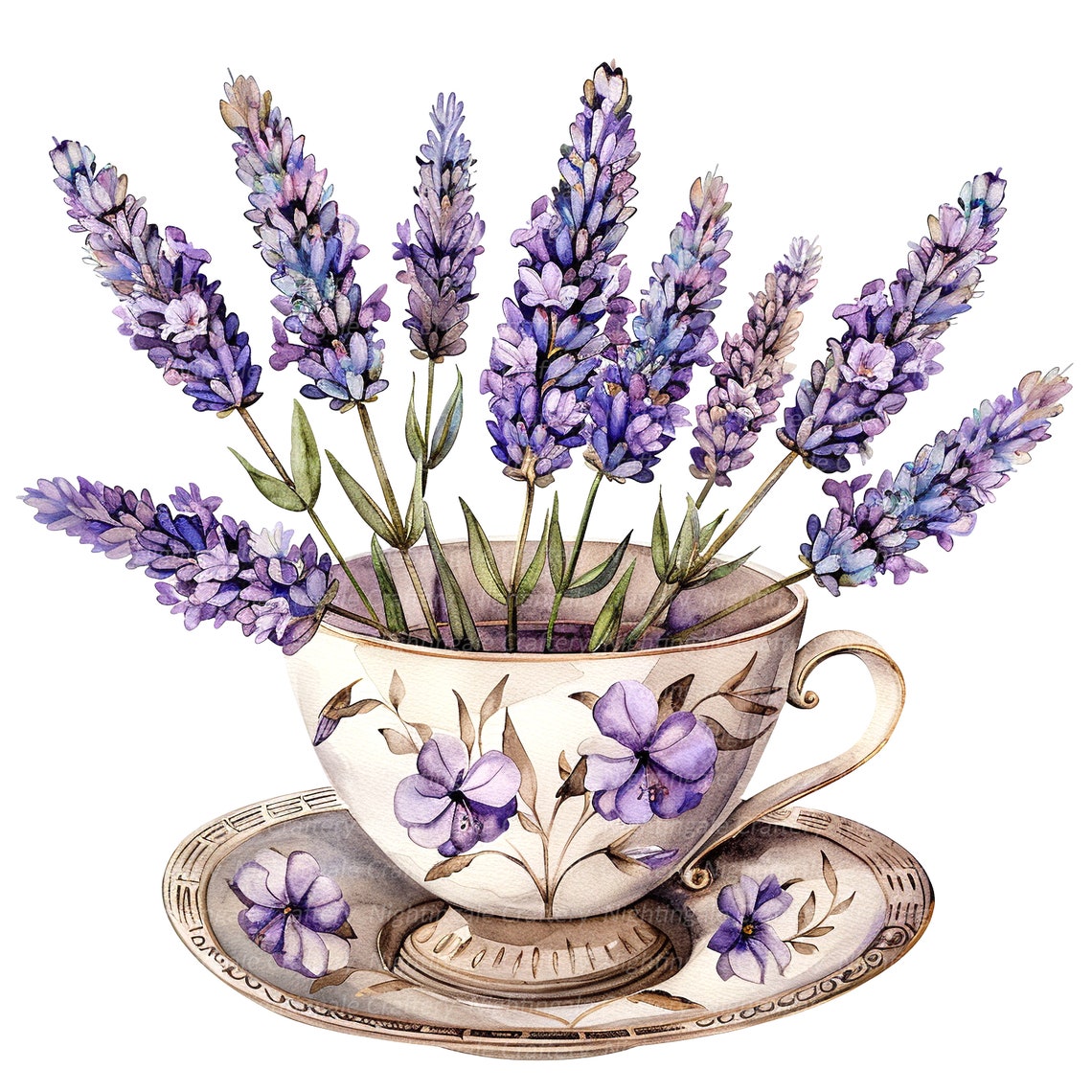 10 Lavender in Tea Cup Clipart, Floral Tea Cup, Printable Watercolor ...