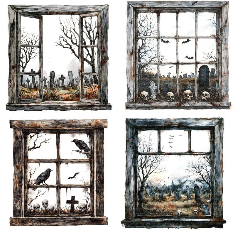 16 Window to Cemetery Clipart, Halloween Cemetery Clipart, Printable ...