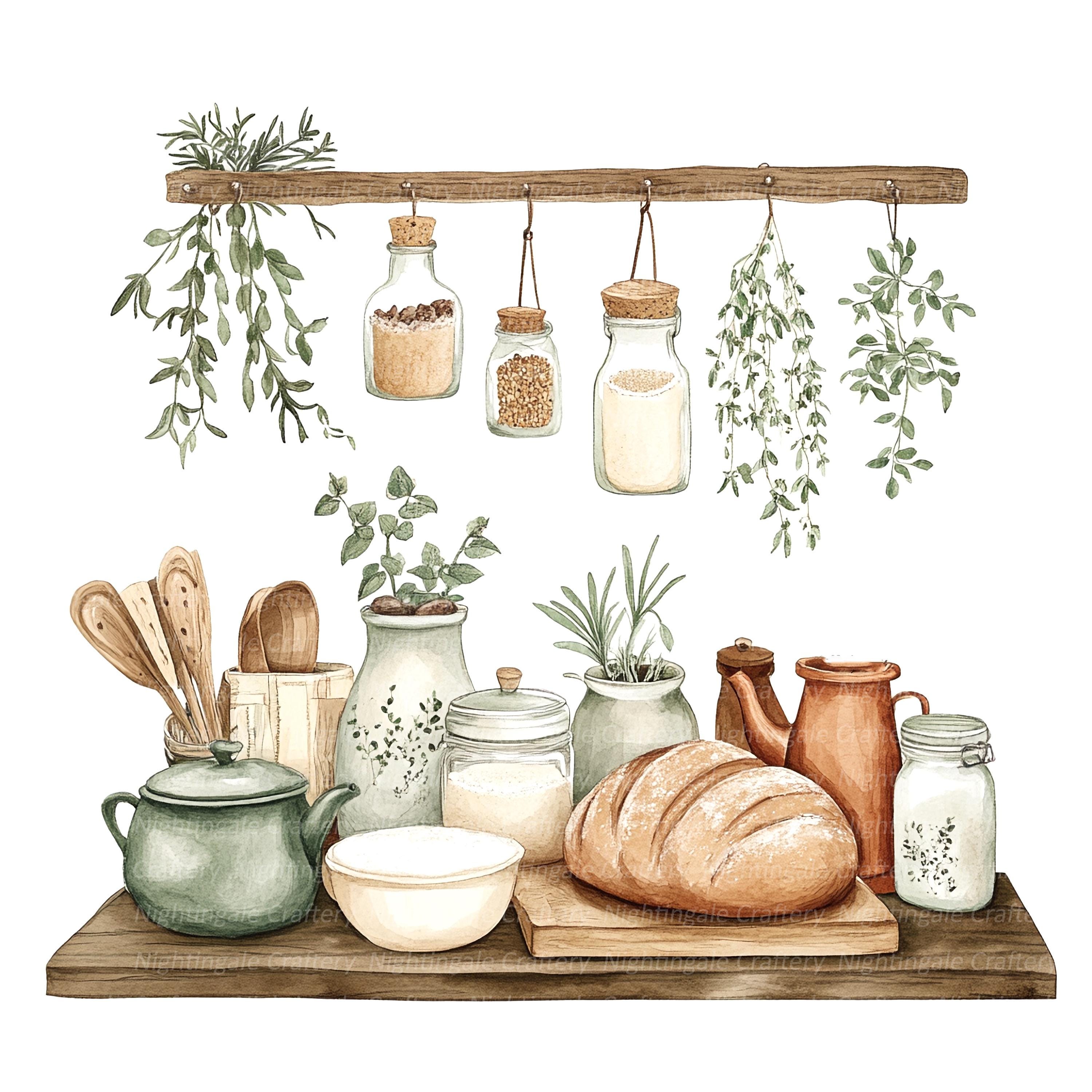 10 Kitchen Shelf Clipart, Kitchen Wall Art, Rustic, Printable ...