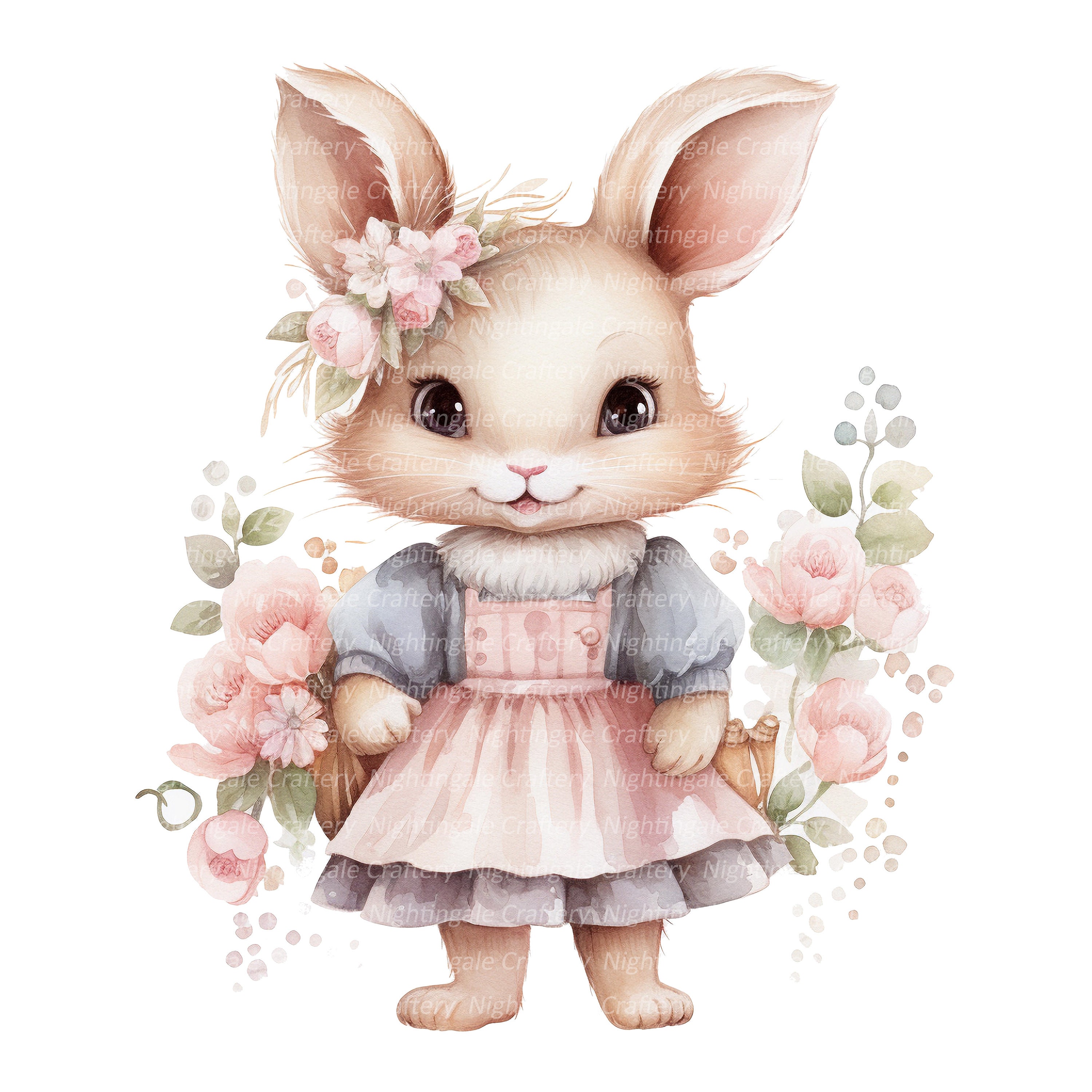 Cute Bunny in Pink Dress Clipart, Printable Watercolor Clipart, 12 High ...