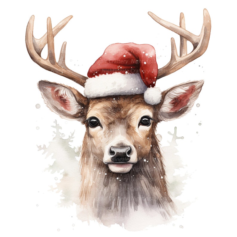 12 Deer With Santa Hat Clipart, Reindeer, Fawn, Printable Watercolor ...