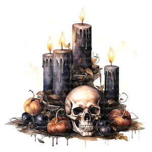 12 Halloween Skull Clipart, Candles Clipart, Printable Watercolor ...