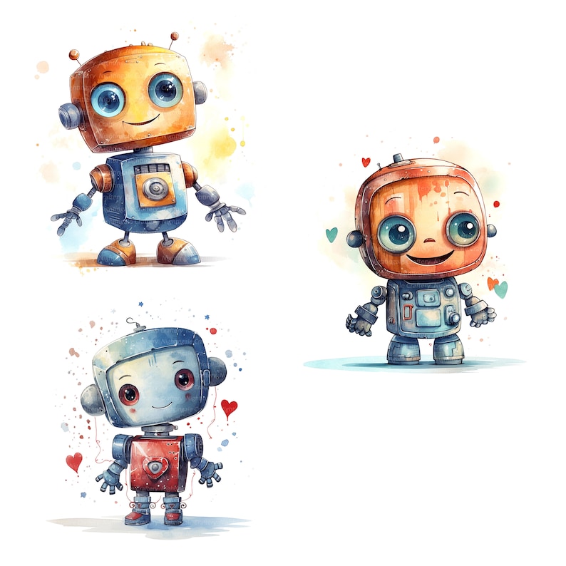 14 Cute Little Robots Clipart, Cartoon Robot, Printable Watercolor ...