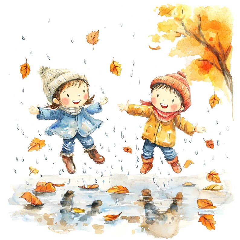 9 Kids in Autumn Clipart, Rain Puddles Clipart, Printable Watercolor ...