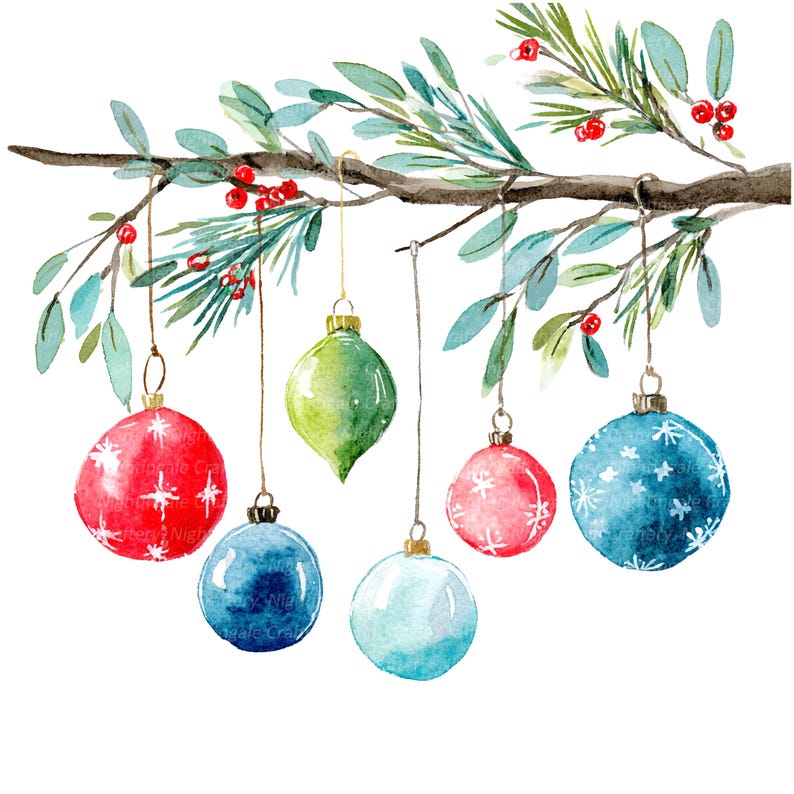 13 PNG Watercolor Christmas Bauble Clipart: Hanging Ornaments (digital ...