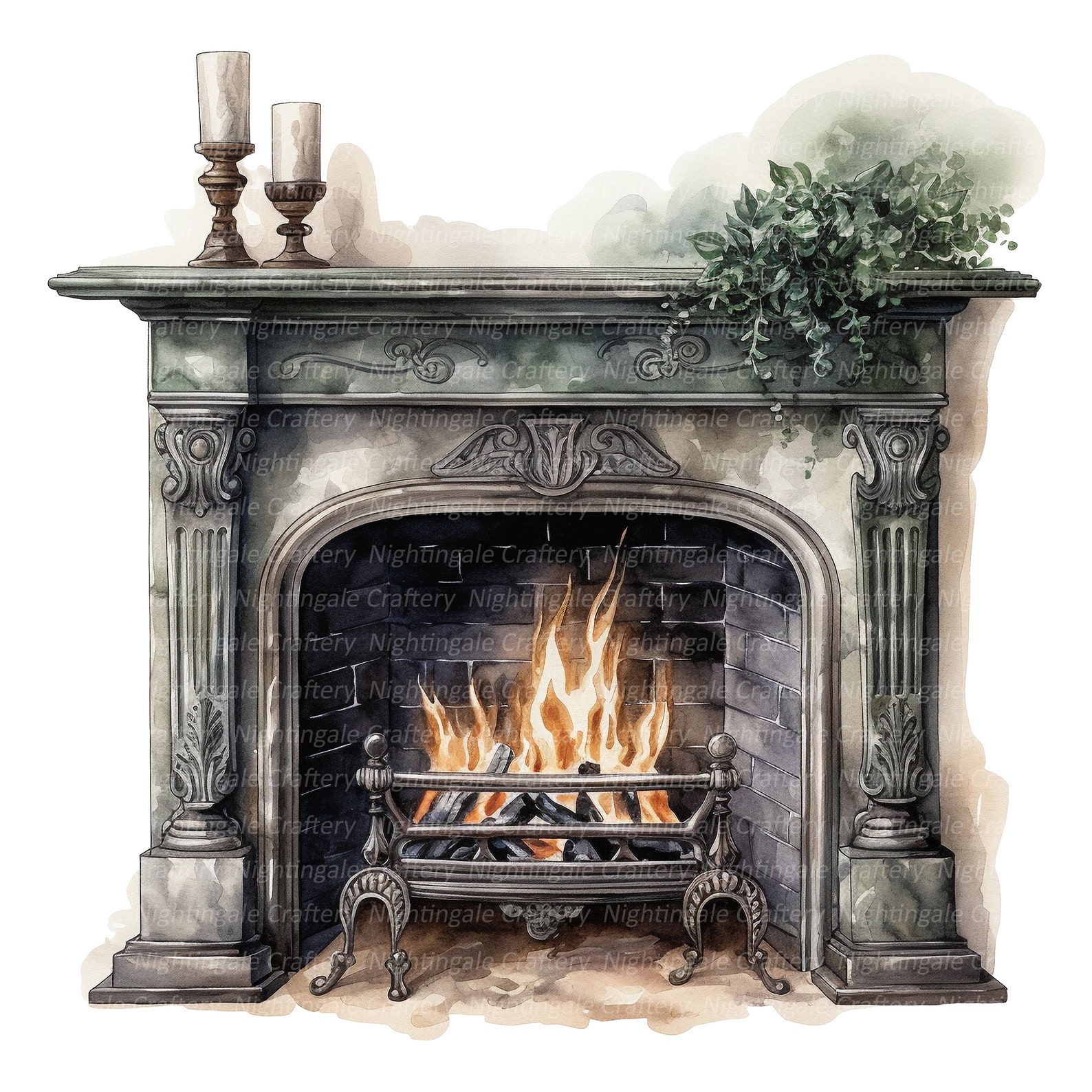 10 Fireplace Clipart, Printable Watercolor Clipart, High Quality Jpgs ...